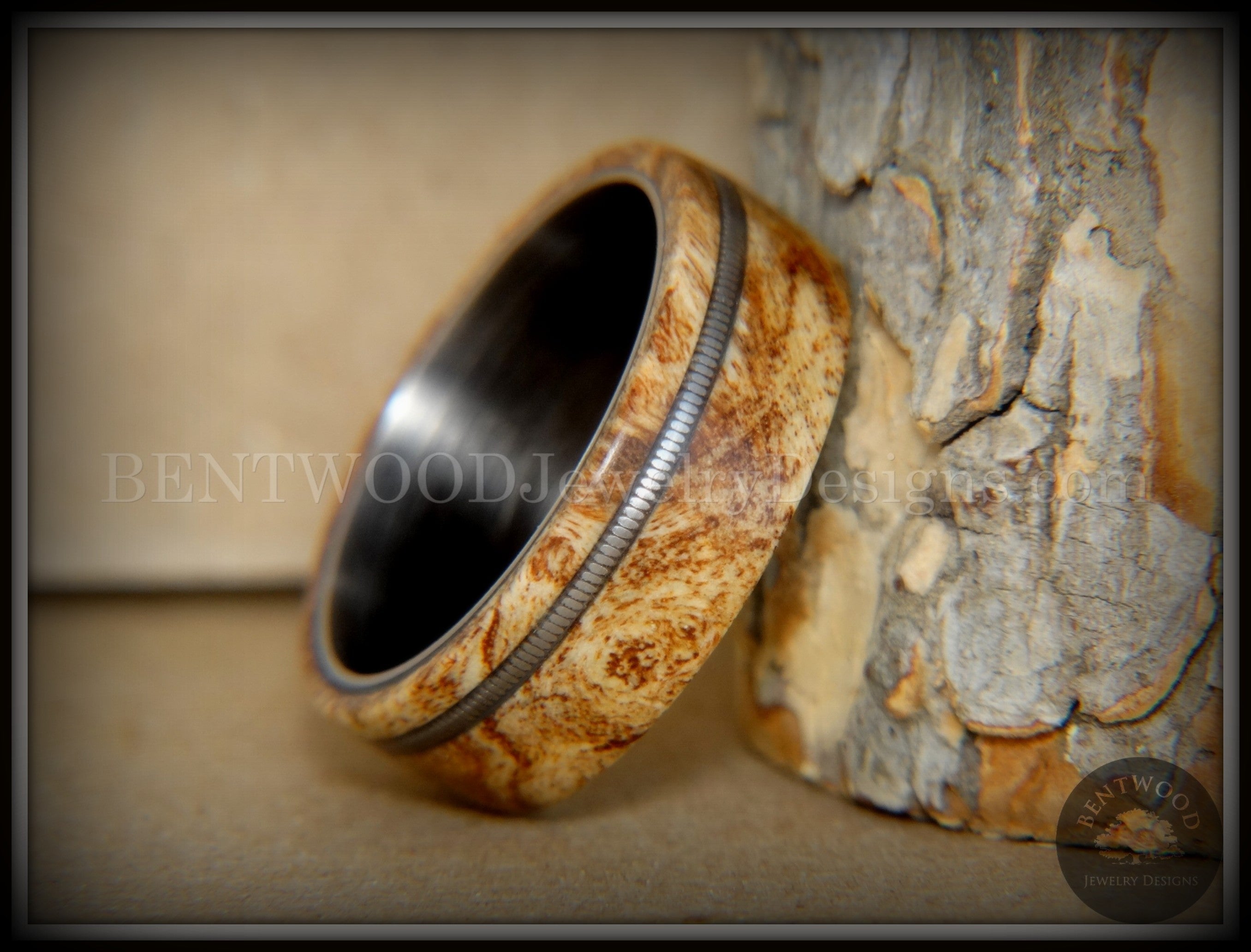 Bentwood Wood Ring Maple Burl Steel Silver Guitar String Inlay ...