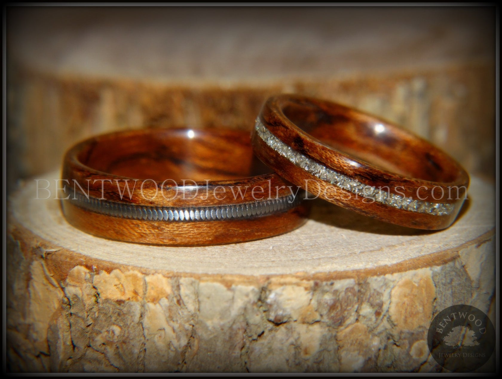 Bentwood Bubinga Wood Wedding Rings, Glass Inlay, Guitar String Inlay ...