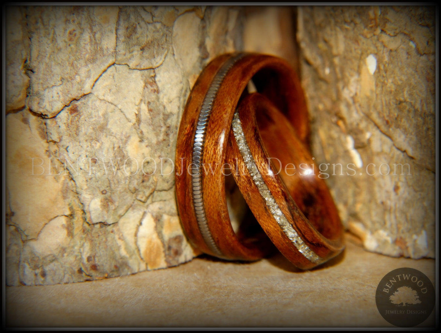 Bentwood Bubinga Wood Wedding Rings, Glass Inlay, Guitar String Inlay ...