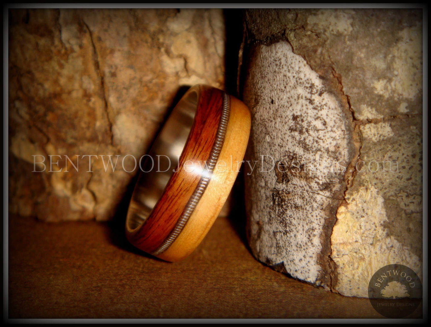 Rosewood and Bamboo Wood Ring with Silver Core and Guitar String Inlay ...