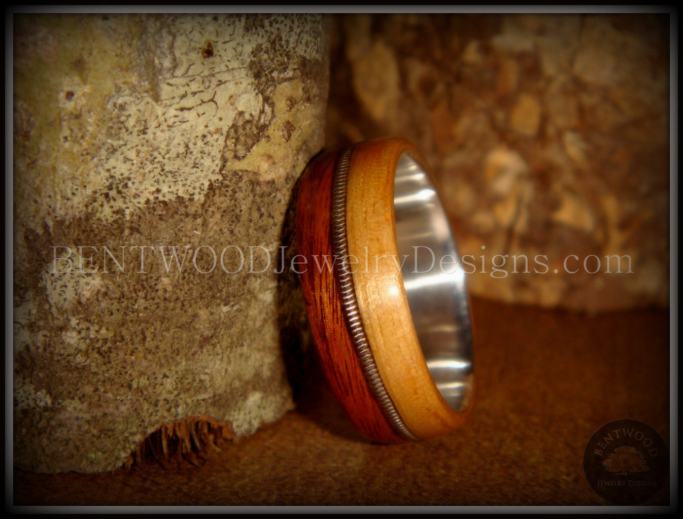 Rosewood and Bamboo Wood Ring with Silver Core and Guitar String Inlay ...