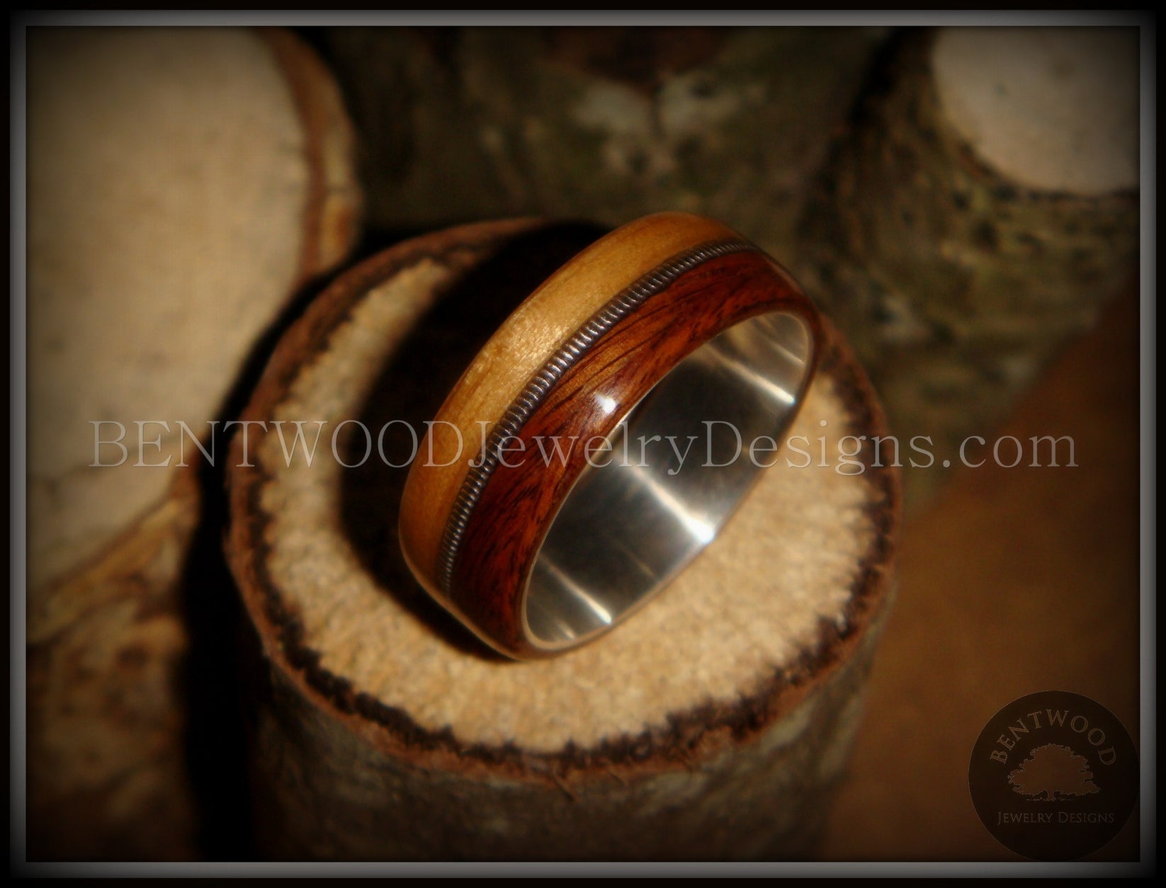Rosewood and Bamboo Wood Ring with Silver Core and Guitar String Inlay ...