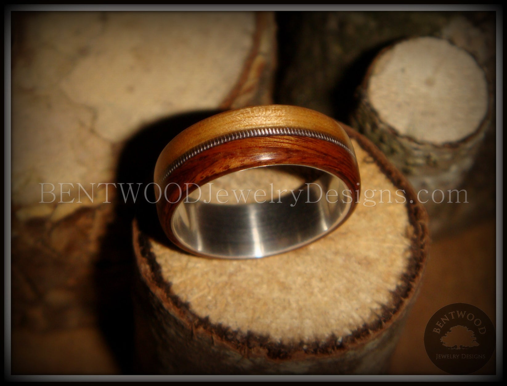Rosewood and Bamboo Wood Ring with Silver Core and Guitar String Inlay ...